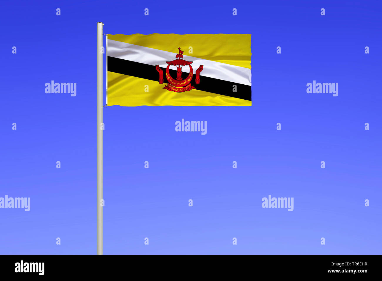 flag of Brunei against blue sky, Sultanate of Brunei, Brunei Darussalam ...