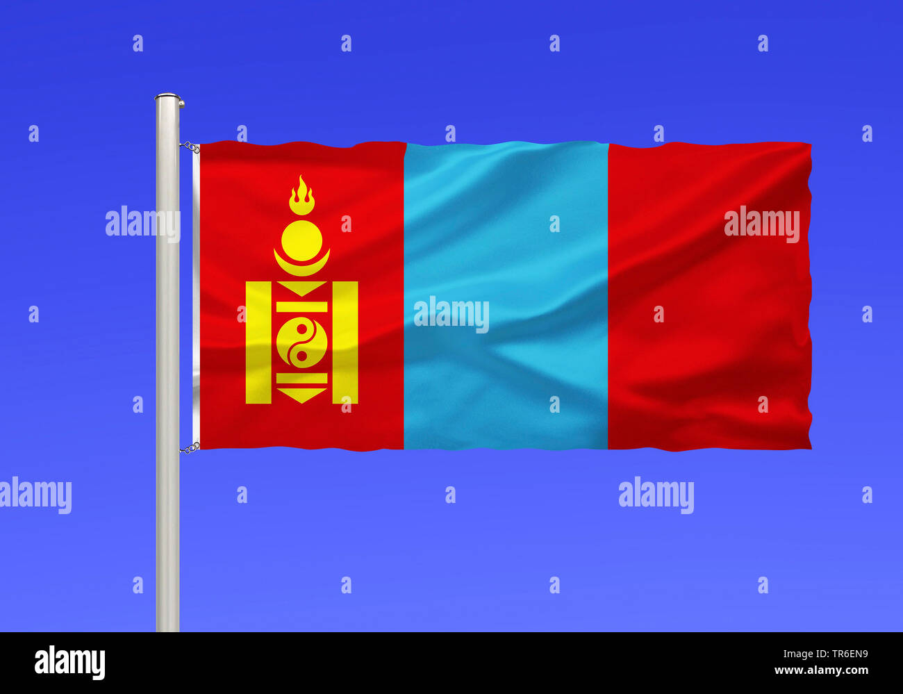 flag of Mongolei against blue sky, Mongolia Stock Photo - Alamy