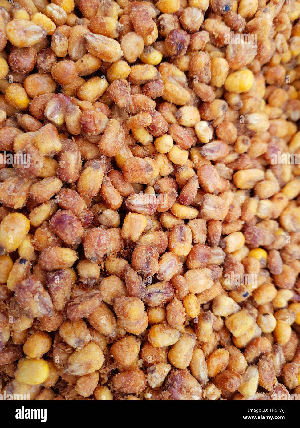 Indian corn, maize (Zea mays), salted maize kernels on a market stand ...