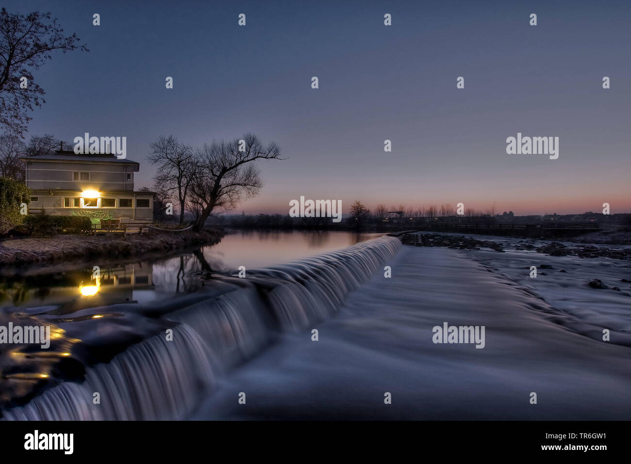cold morning at Sieg river dam in december, Germany, North Rhine ...