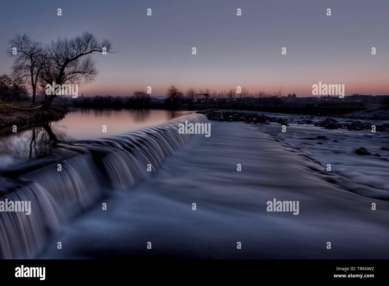 cold morning at Sieg river dam in december, Germany, North Rhine ...