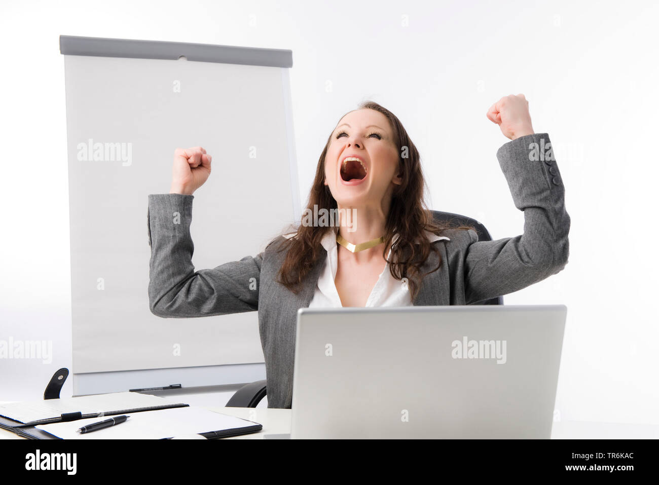 Entrepreneur woman computer cheering hi-res stock photography and ...