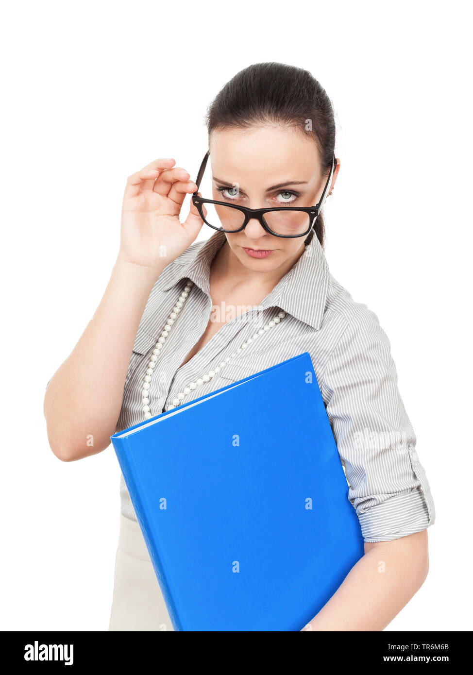 serious secretary with a blue file folder , Germany Stock Photo - Alamy