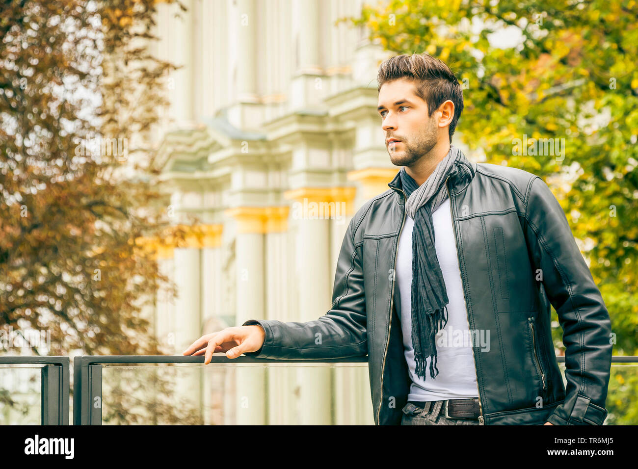 young attractive man with leather jacket in the city, Germany Stock ...