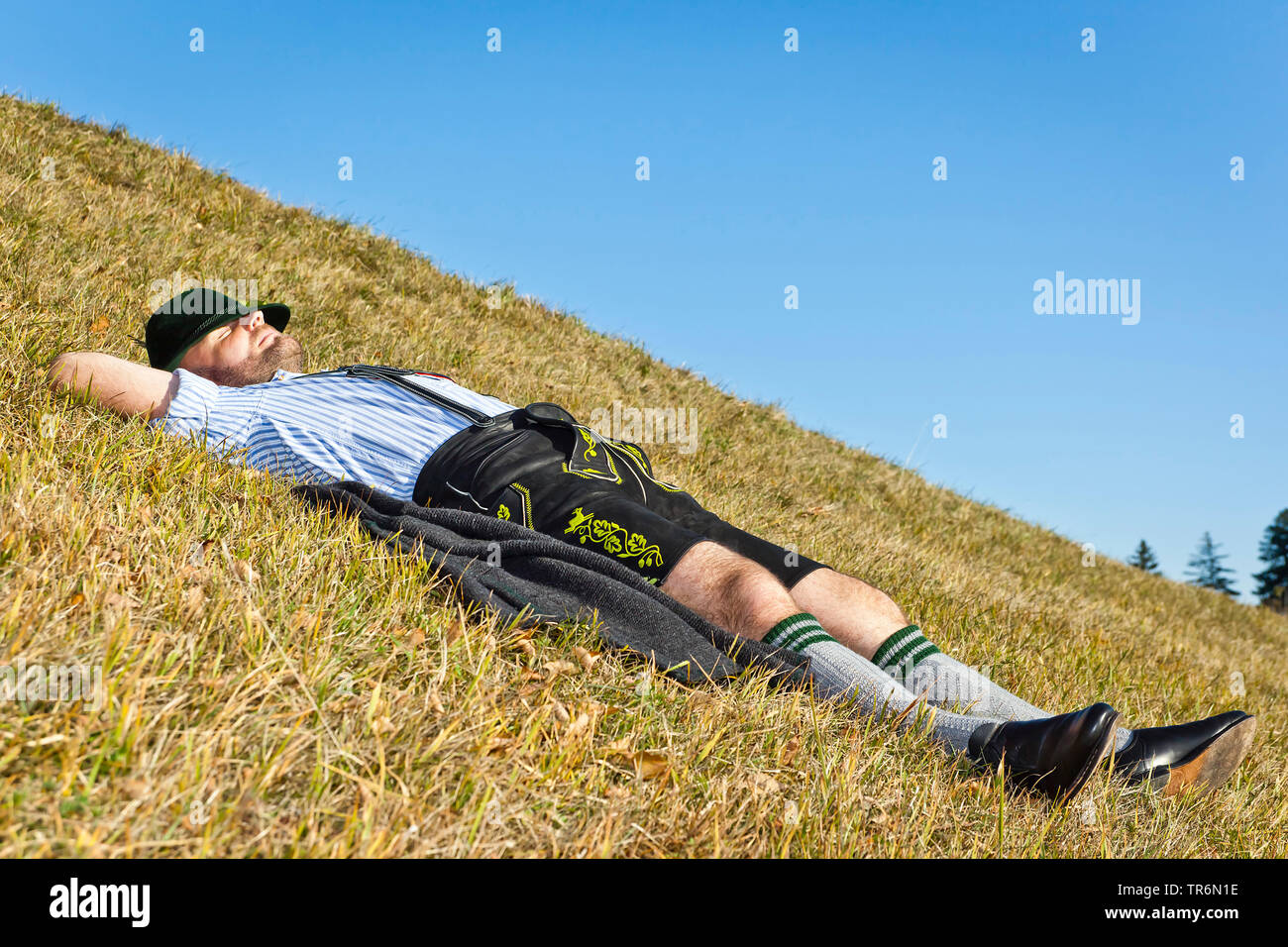 traditional clothed Bavarian man lying on an alpine pasture and ...
