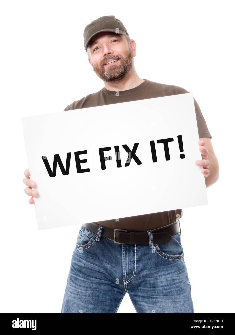 man with a sign in the hands with the inscription We fix it, Germany ...