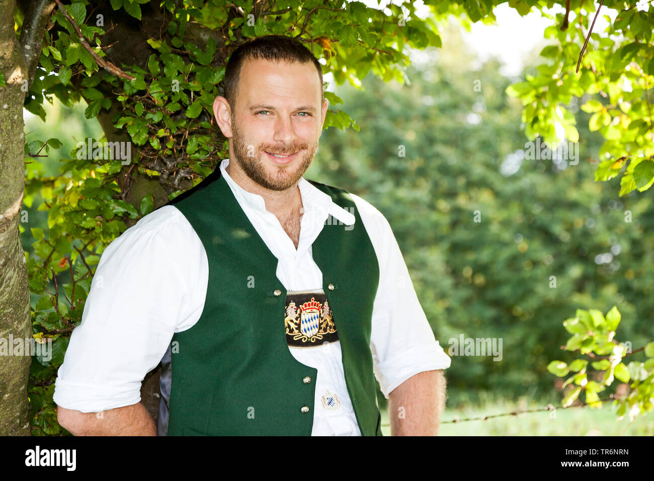 traditional clothed Bavarian man sitting standing at a tree, Germany ...