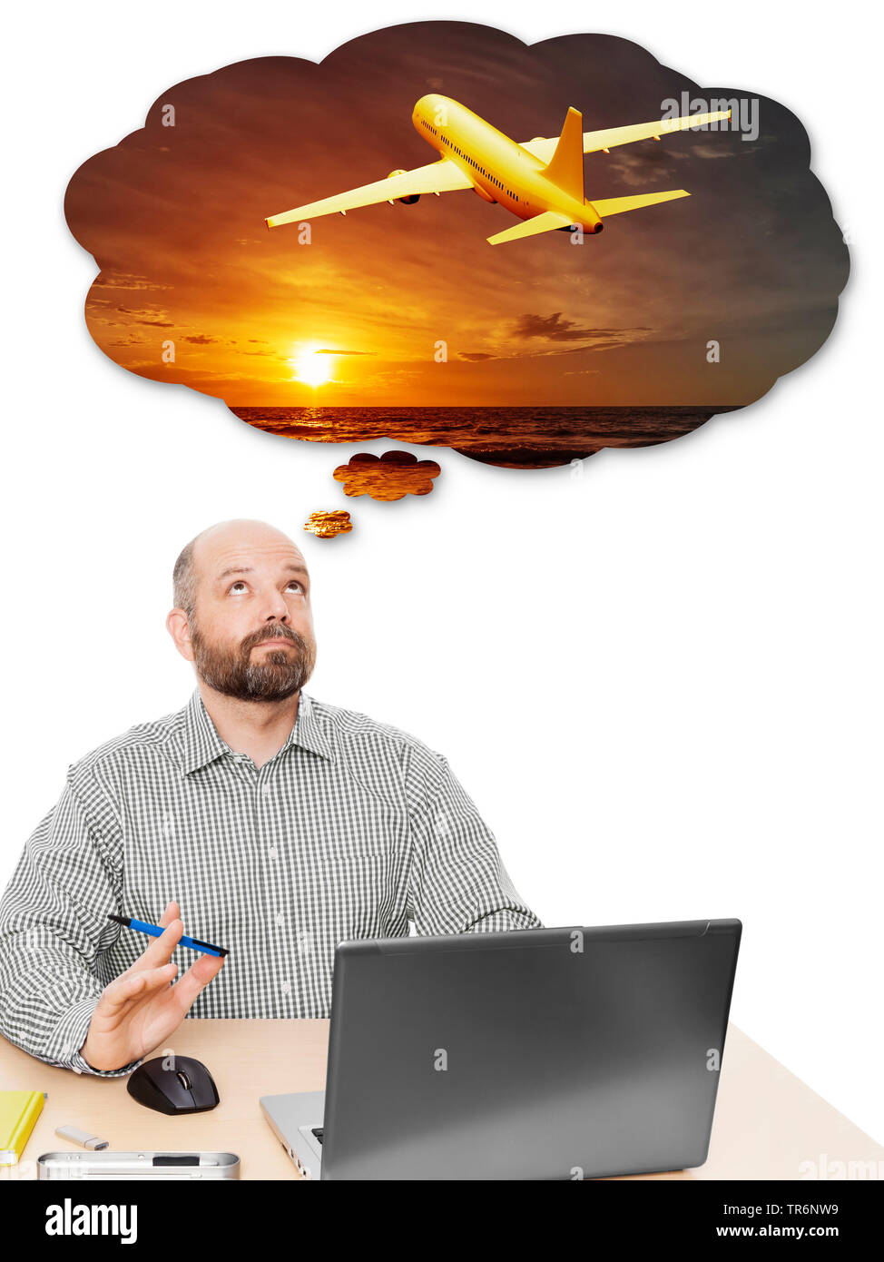 man sitting a the writing desk dreaming of vacations, Germany Stock ...