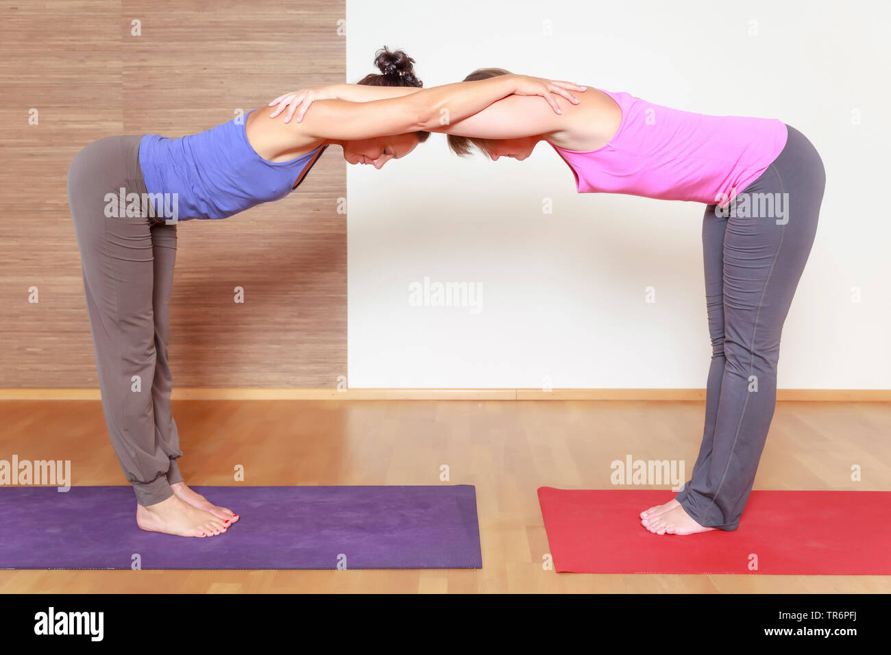 two women doing yoga in the living room at home Stock Photo - Alamy