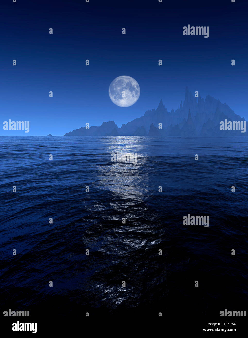 virtual coast landscape with full moon, computer graphic Stock Photo ...