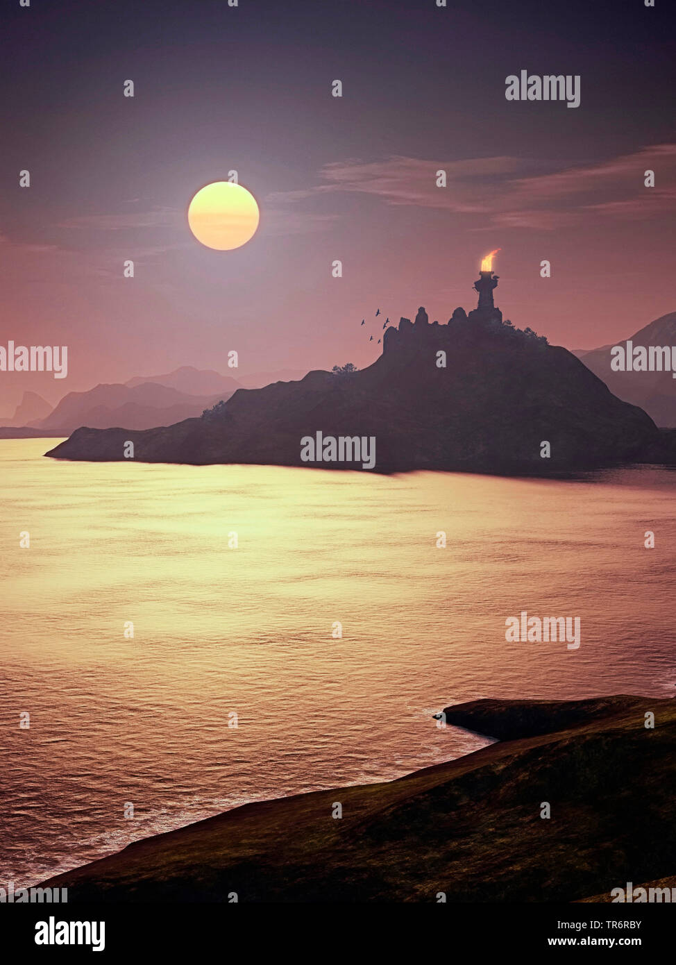 virtual landscape, beacon on rocky isle, computer graphic Stock Photo ...