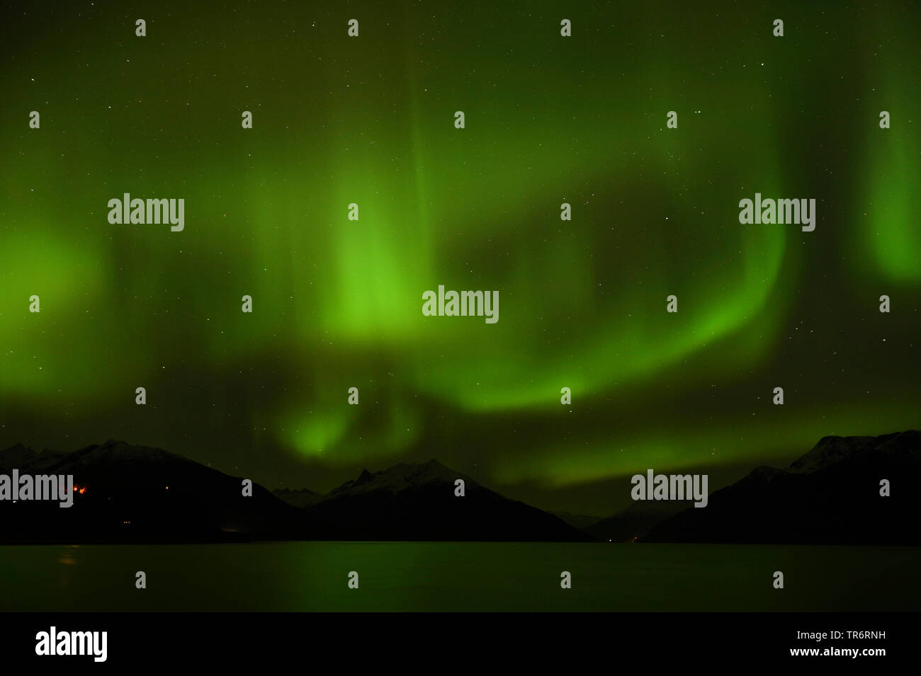 Chilkoot River in winter with polar light, USA, Alaska, Haines Alaska ...