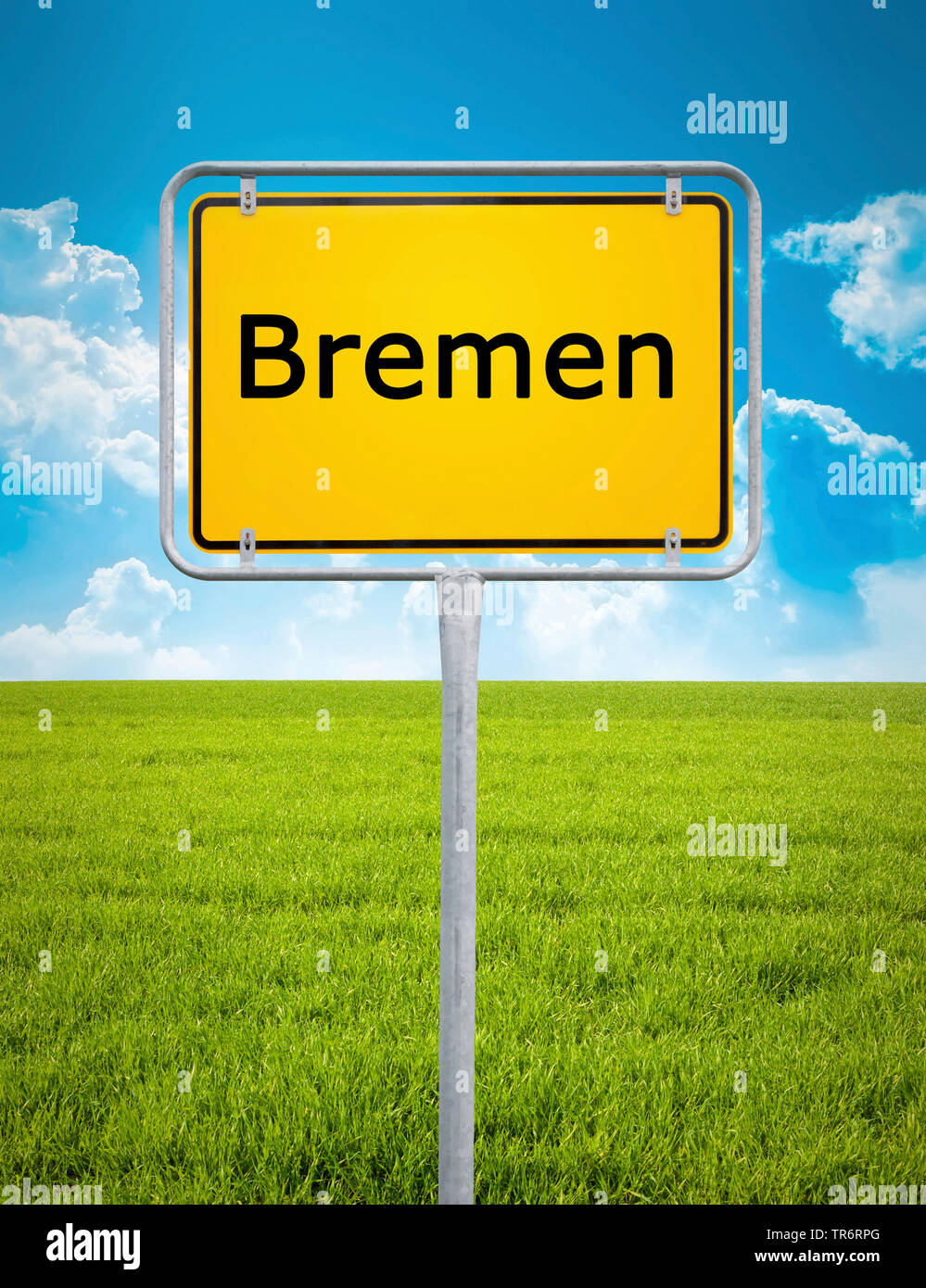 town sign of Bremen in front of a green meadow, Germany, Bremen Stock ...