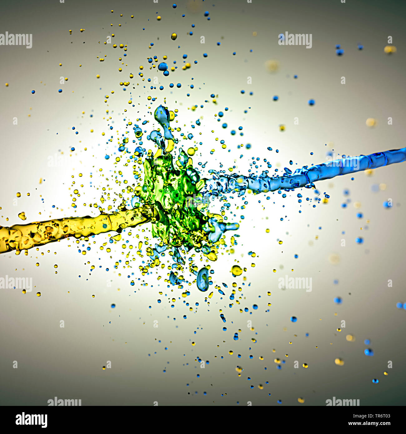 two colourful water splash hitting each other, computer graphik Stock ...