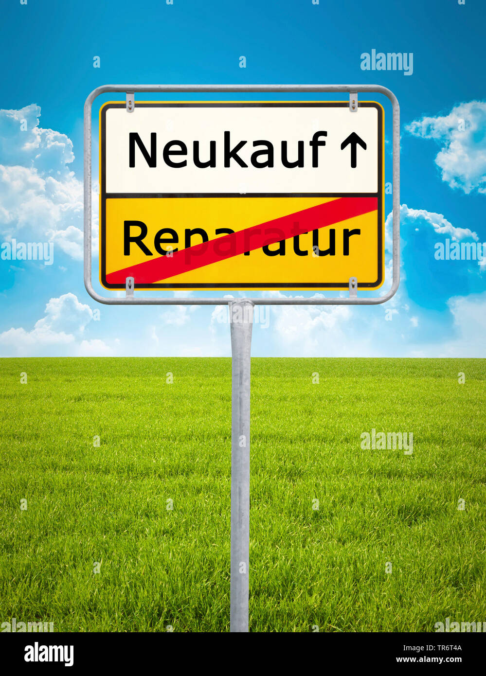 German place-name sign symbolising change from repair to purchase ...