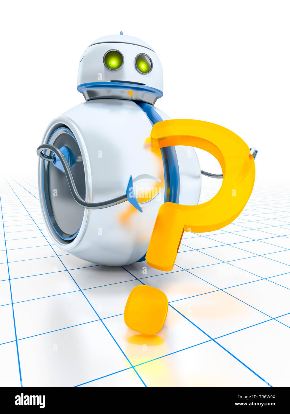 Round cute robot with yellow question mark in his hands Stock Photo - Alamy
