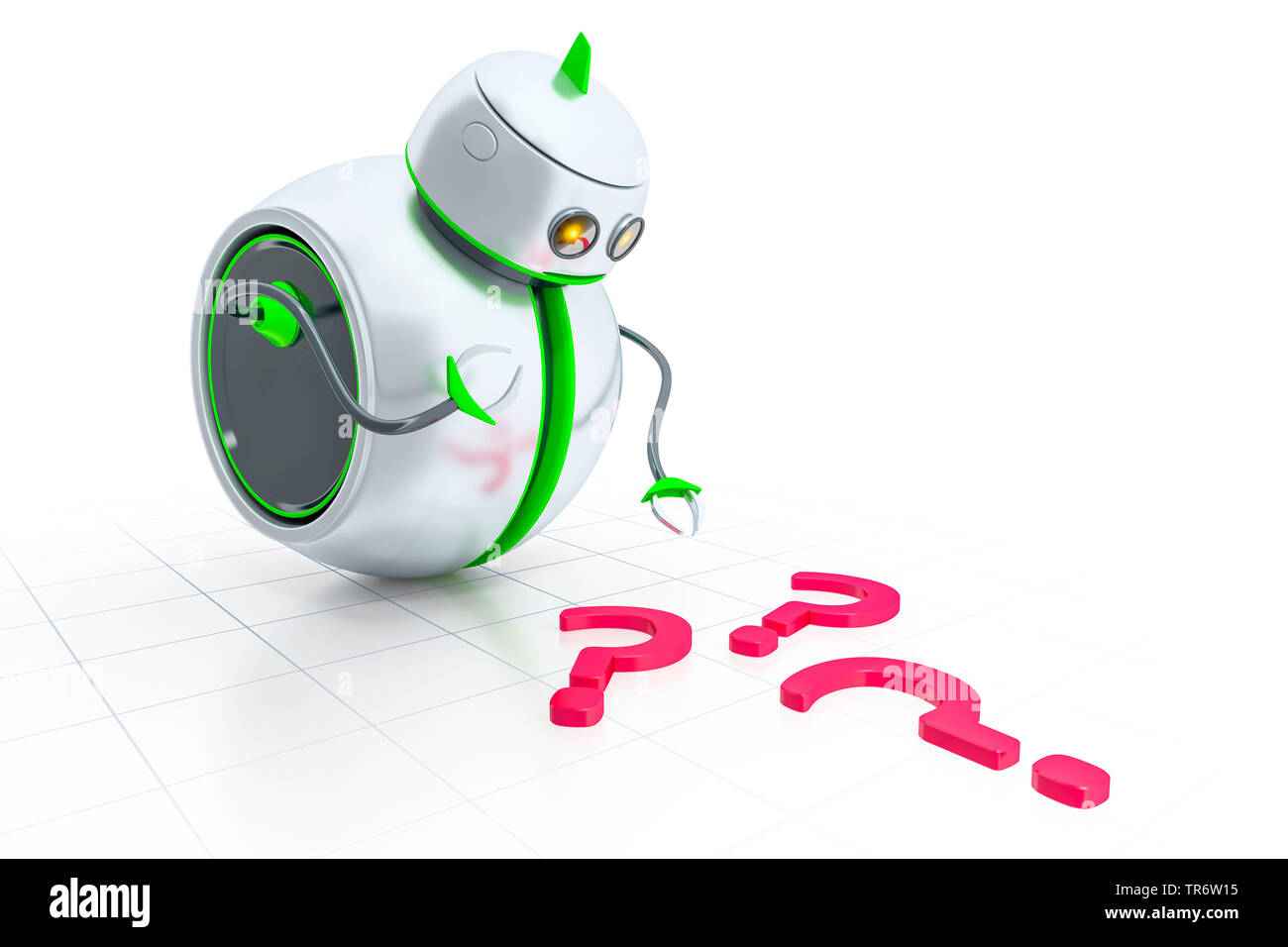 Round cute robot looking at questionmarks on the floor Stock Photo - Alamy