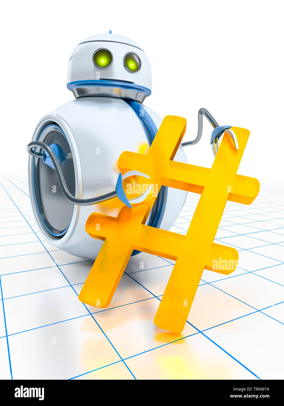 Round robot with yellow hashtag in his hands Stock Photo - Alamy