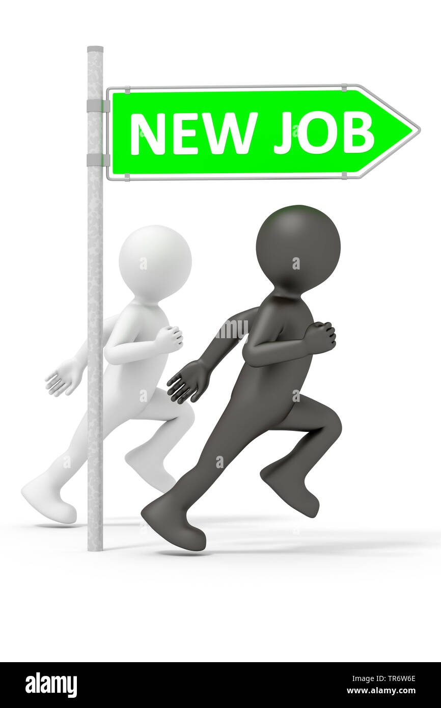 Two 3D icon men in white and grey color in front of sign labeled NEW ...