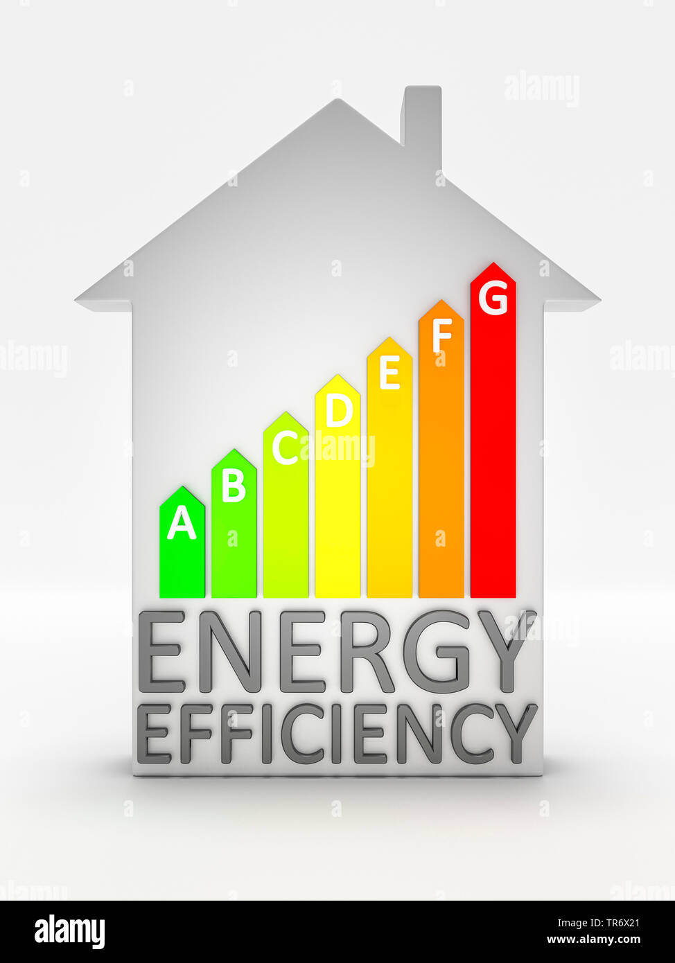 3D computer graphic, symbol energy efficiency grade displayed in front ...