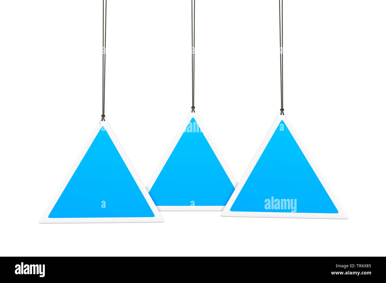 3D computer graphic, empty triangular hanging signs, three side by side ...