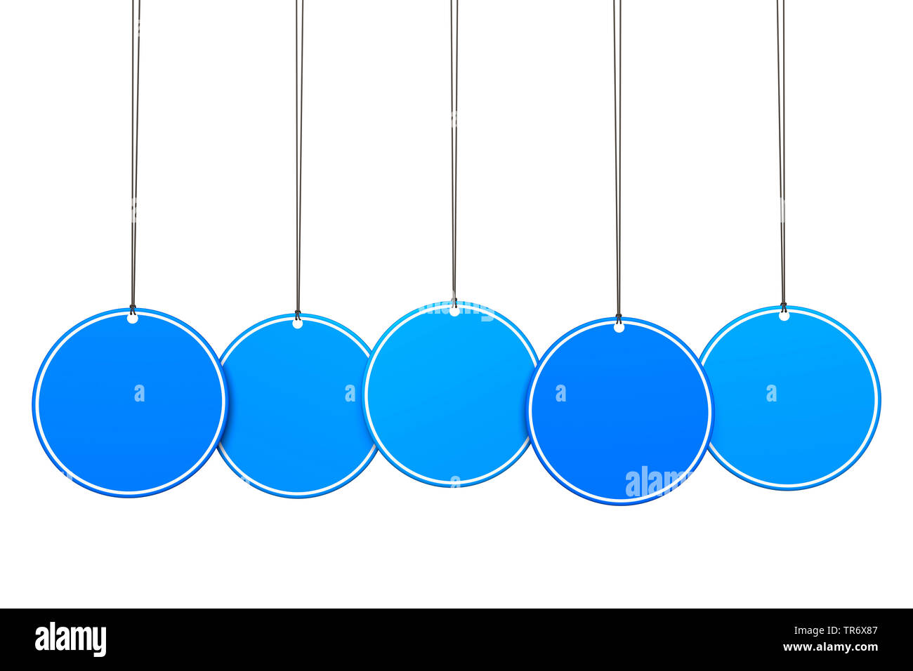 3D computer graphic, empty round hanging signs, five side by side in ...