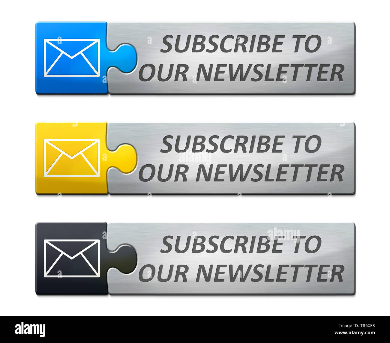 3D computer graphic, three symbolised buttons reading SUBSCRIBE TO OUR ...