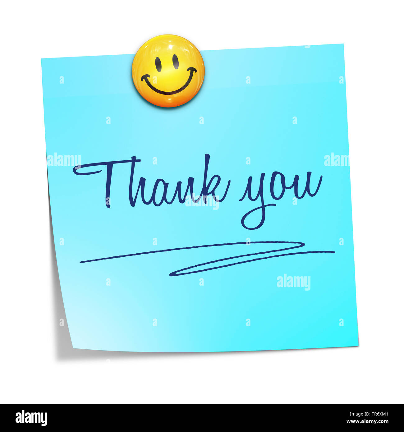 3D computer graphic, memo in blue color with smiley reading THANK YOU ...