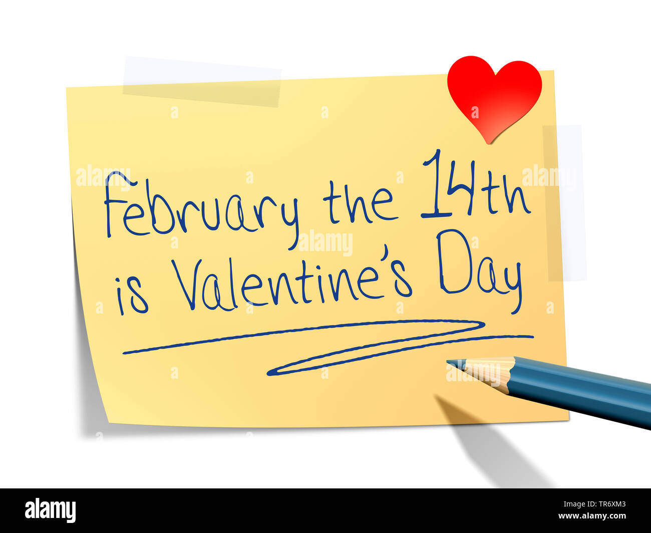 3D computer graphic, memo in yellow color reading FEBRUARY THE 14TH IS ...