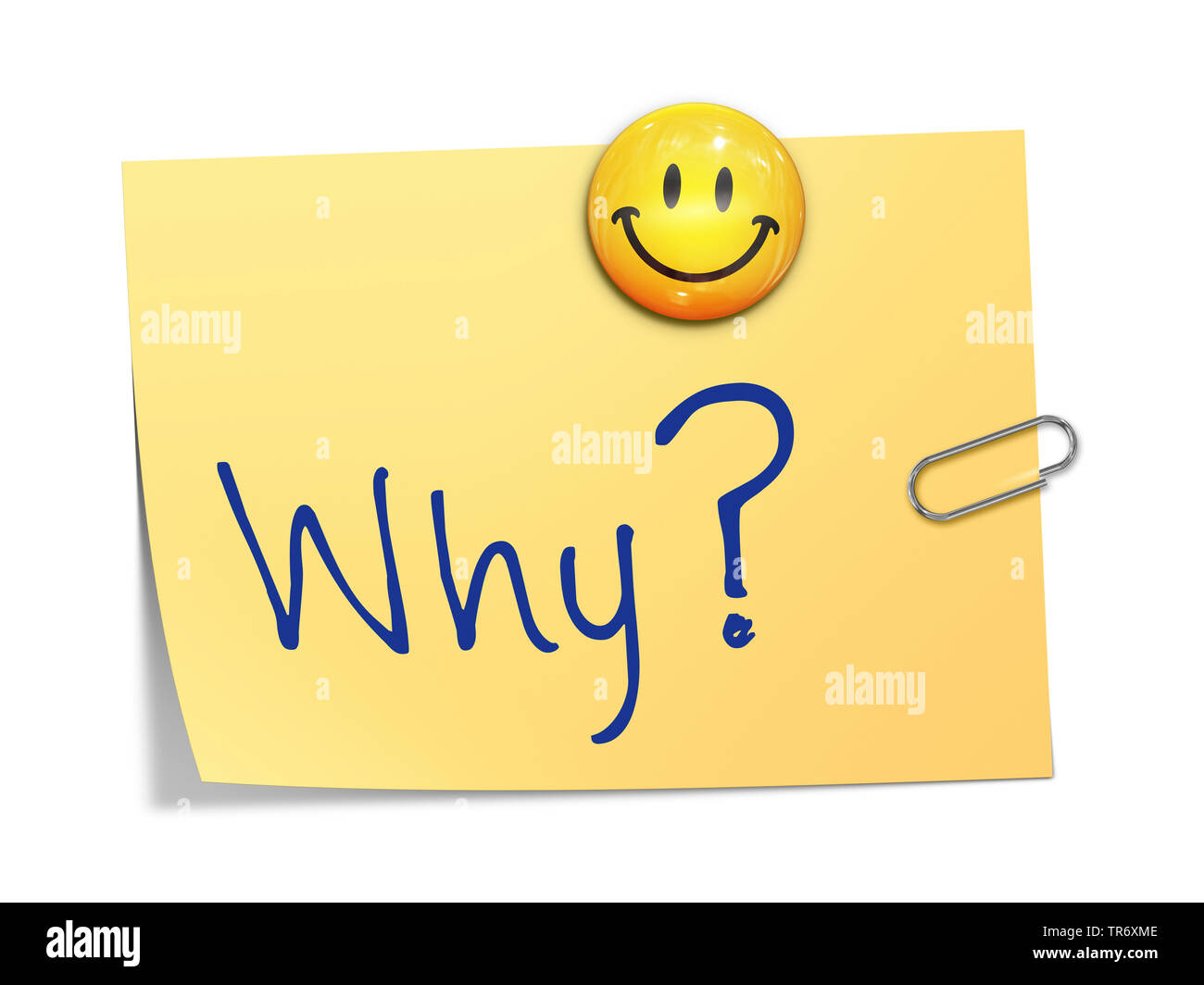 3D computer graphic, memo in yellow color with smiley reading WHY Stock ...