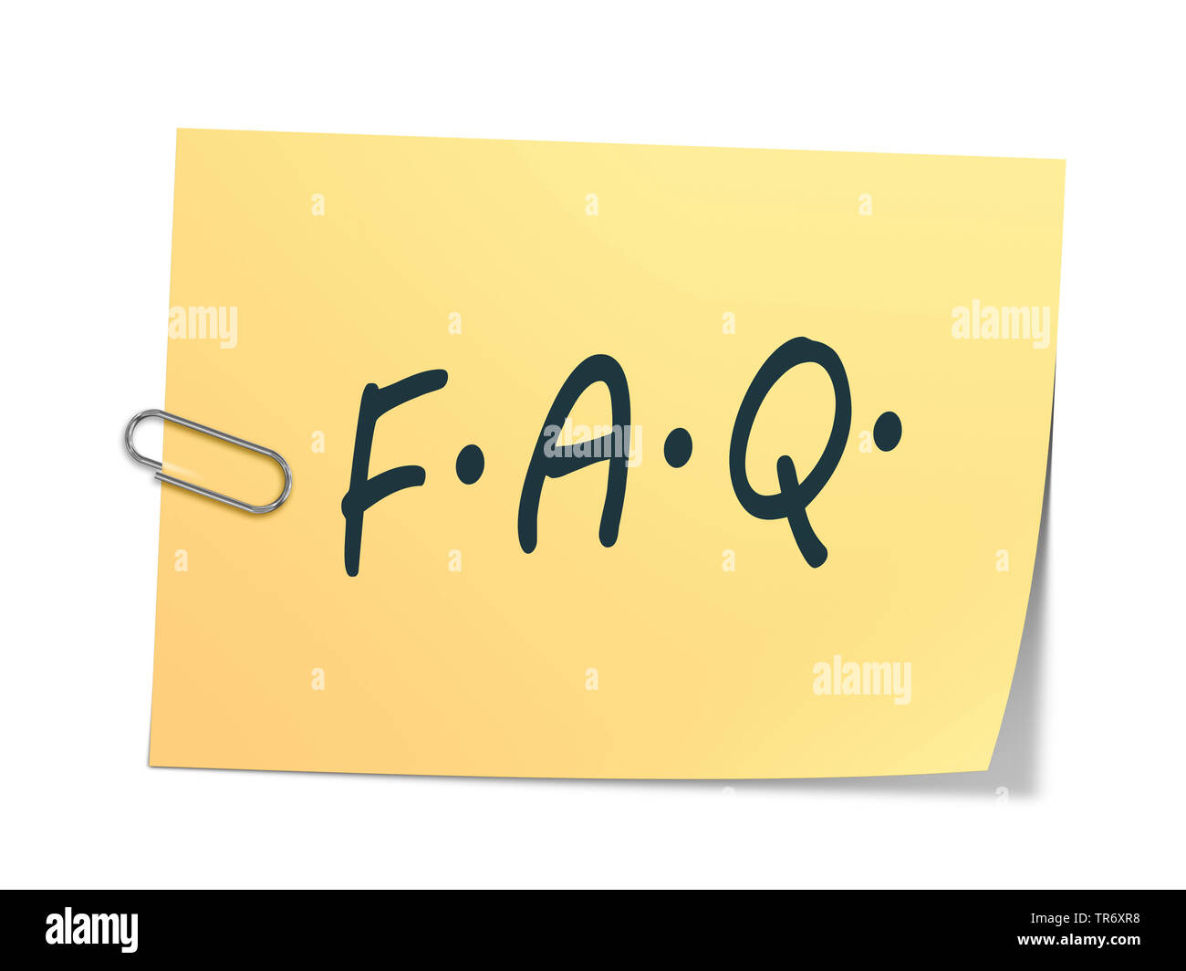 3D computer graphic, memo in yellow color reading FAQ (Frequently Asked ...