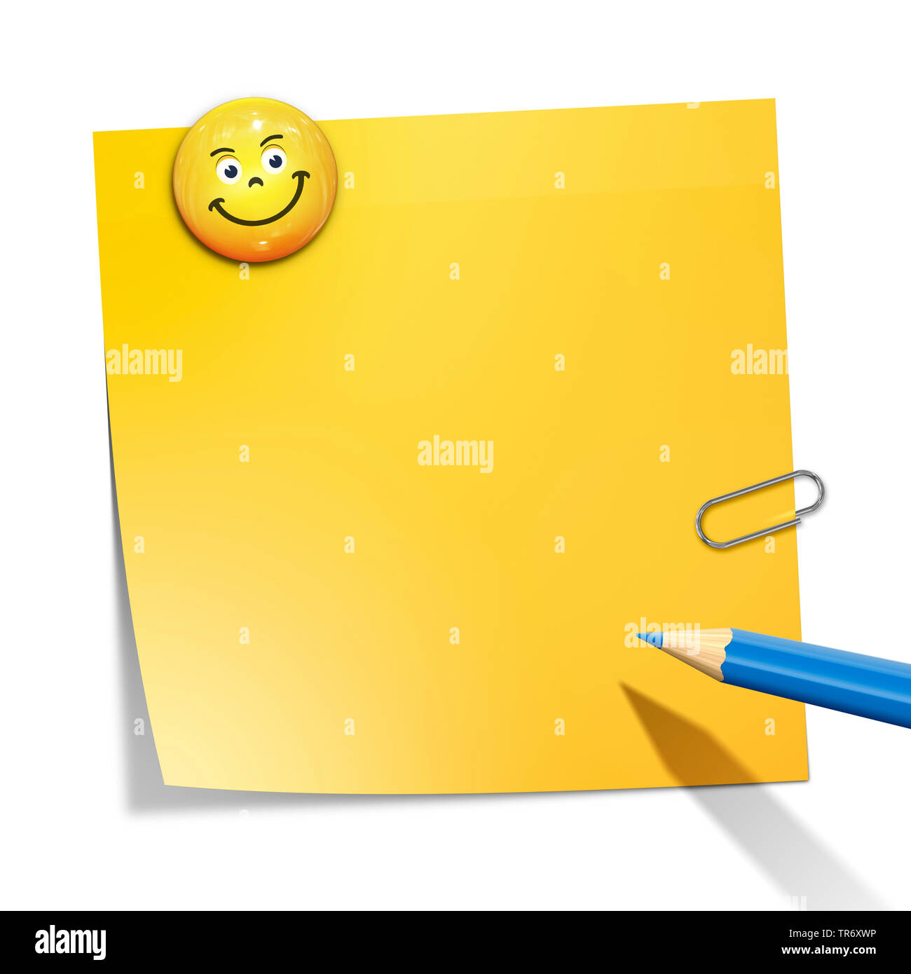 3D computer graphic, memo in yellow color with smiley without text ...