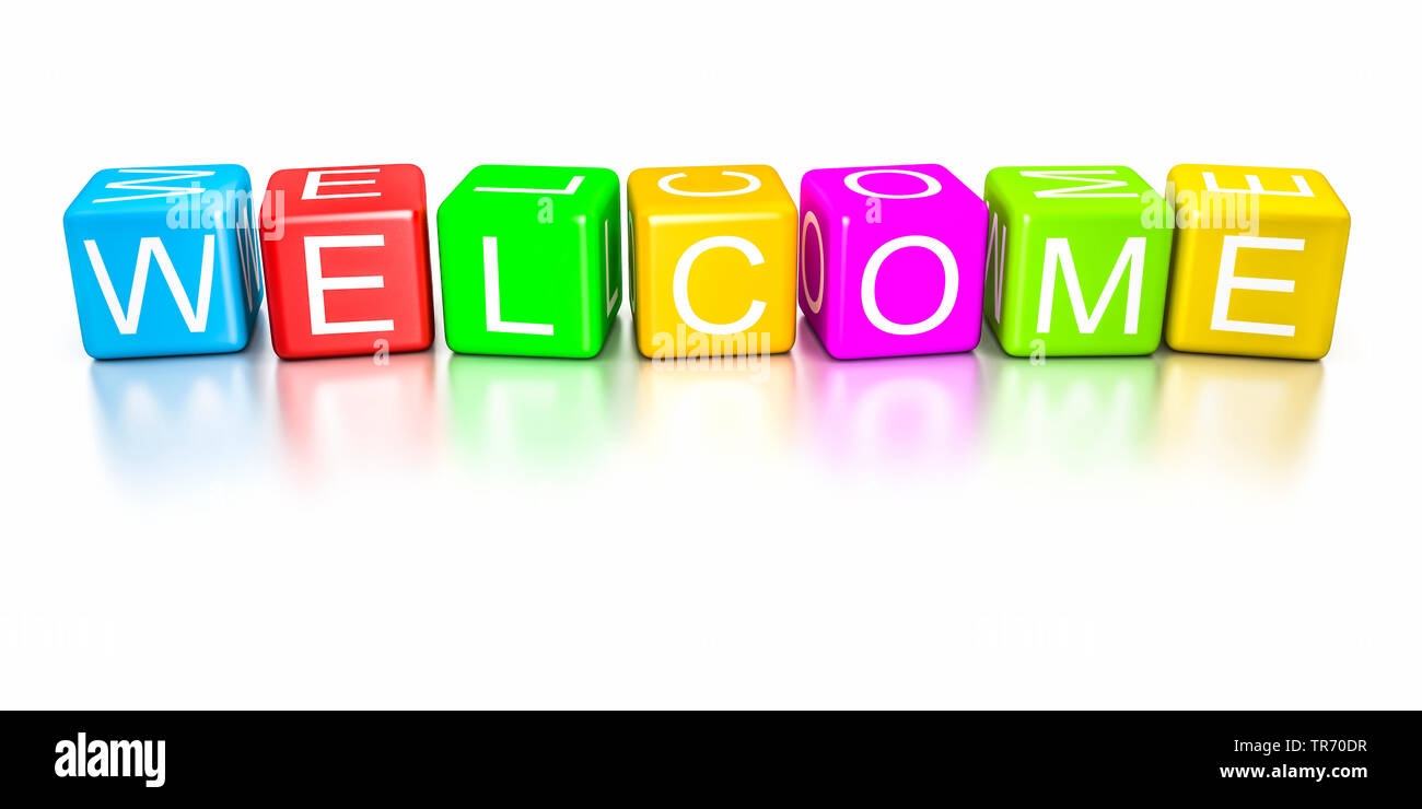 3D computer graphic, seven cubes in several colors with lettering ...