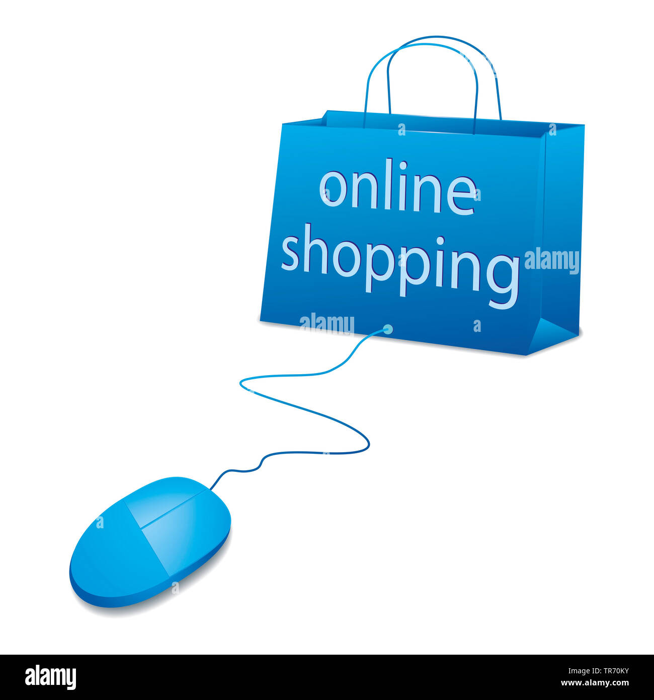 3D computer graphic, symbolic shopping bag connected to computer mouse ...