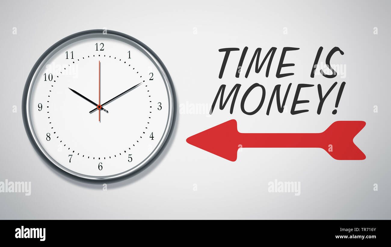 3D computer graphic, red arrow pointing at a clock lettering TIME IS ...