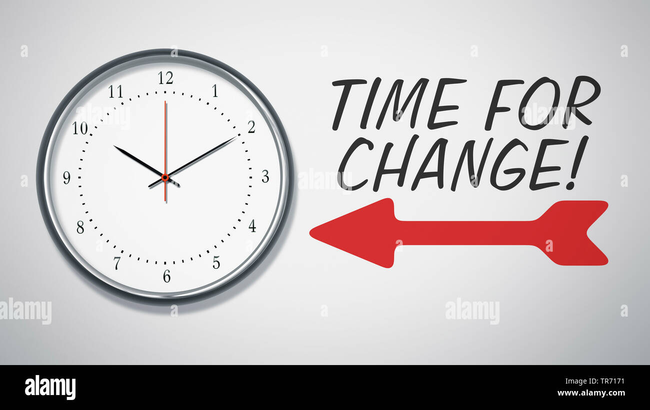 3D computer graphic, red arrow pointing at a clock lettering TIME FOR ...