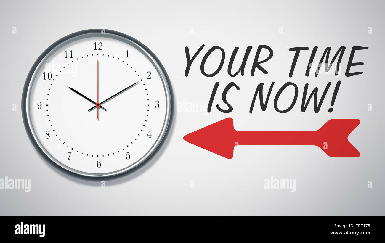 3D computer graphic, red arrow pointing at a clock lettering YOUR TIME ...