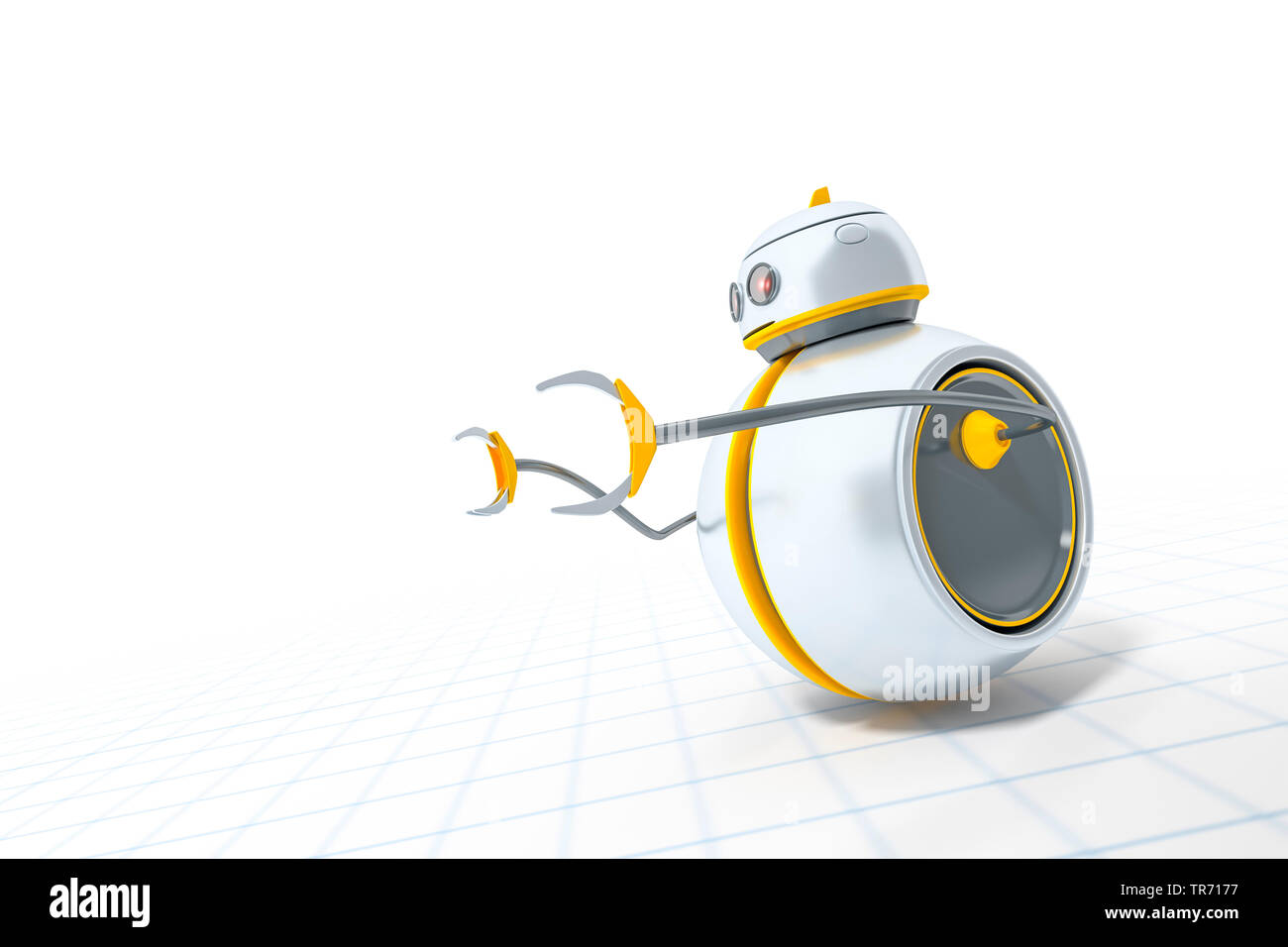 3D computer graphic, round cute robot in white color with arms streched ...