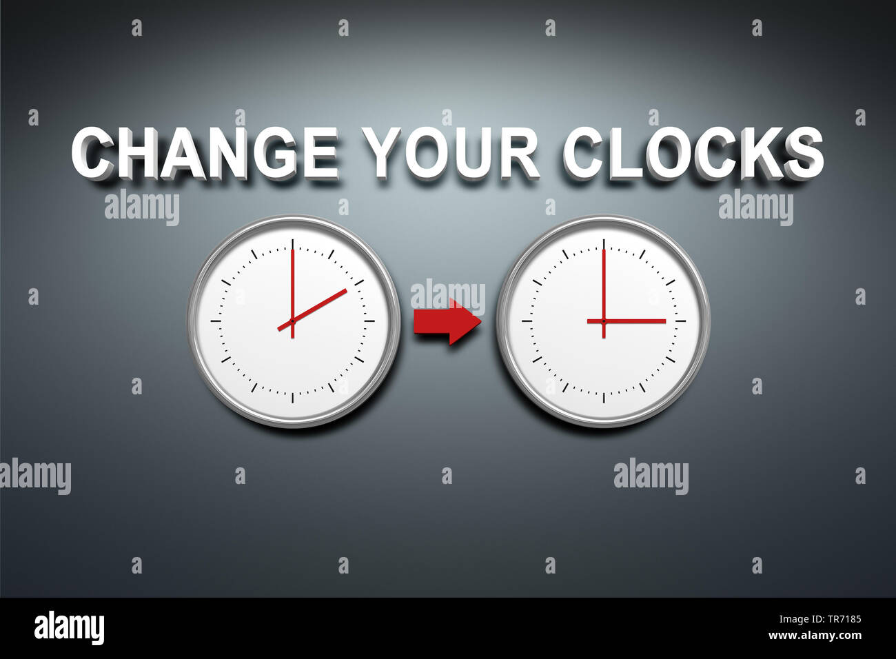 3D computer graphic, two clocks with clock hands lettering CHANGE YOUR ...