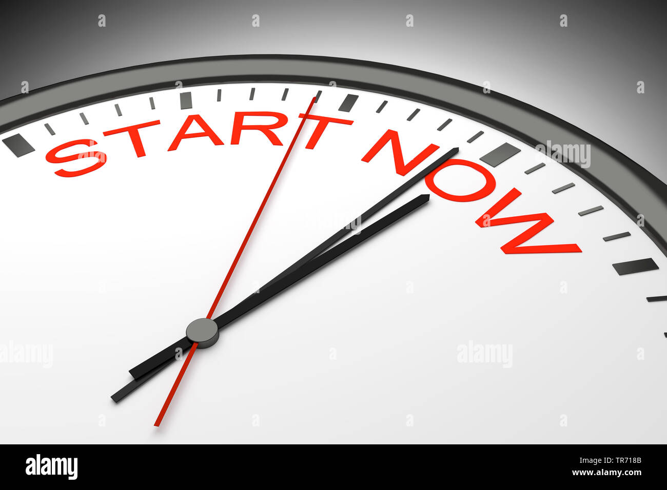 3D computer graphic, clock with hands lettering START NOW Stock Photo ...