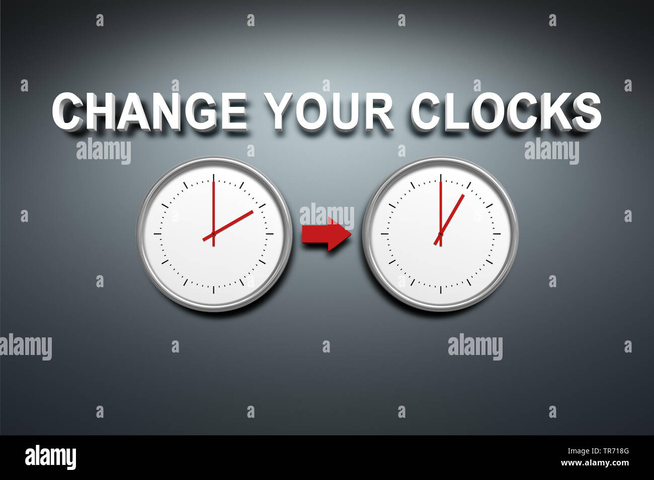 3D computer graphic, two clocks with clock hands lettering CHANGE YOUR ...