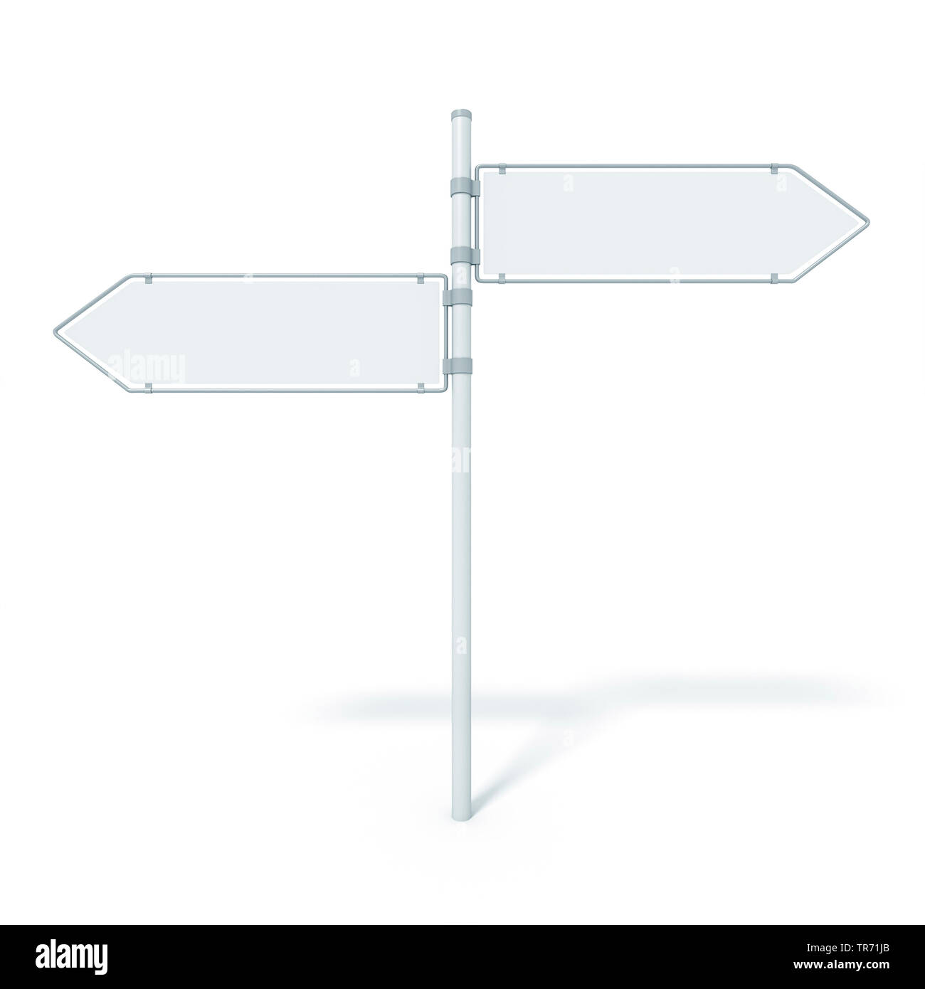 3D computer graphic, road signs in white color pointing in opposite ...