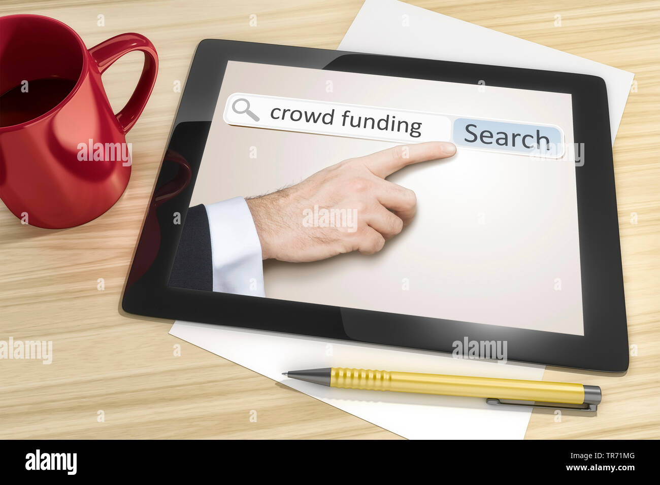 3D computer graphic, tablet computer lettering text CROWD FUNDING on ...