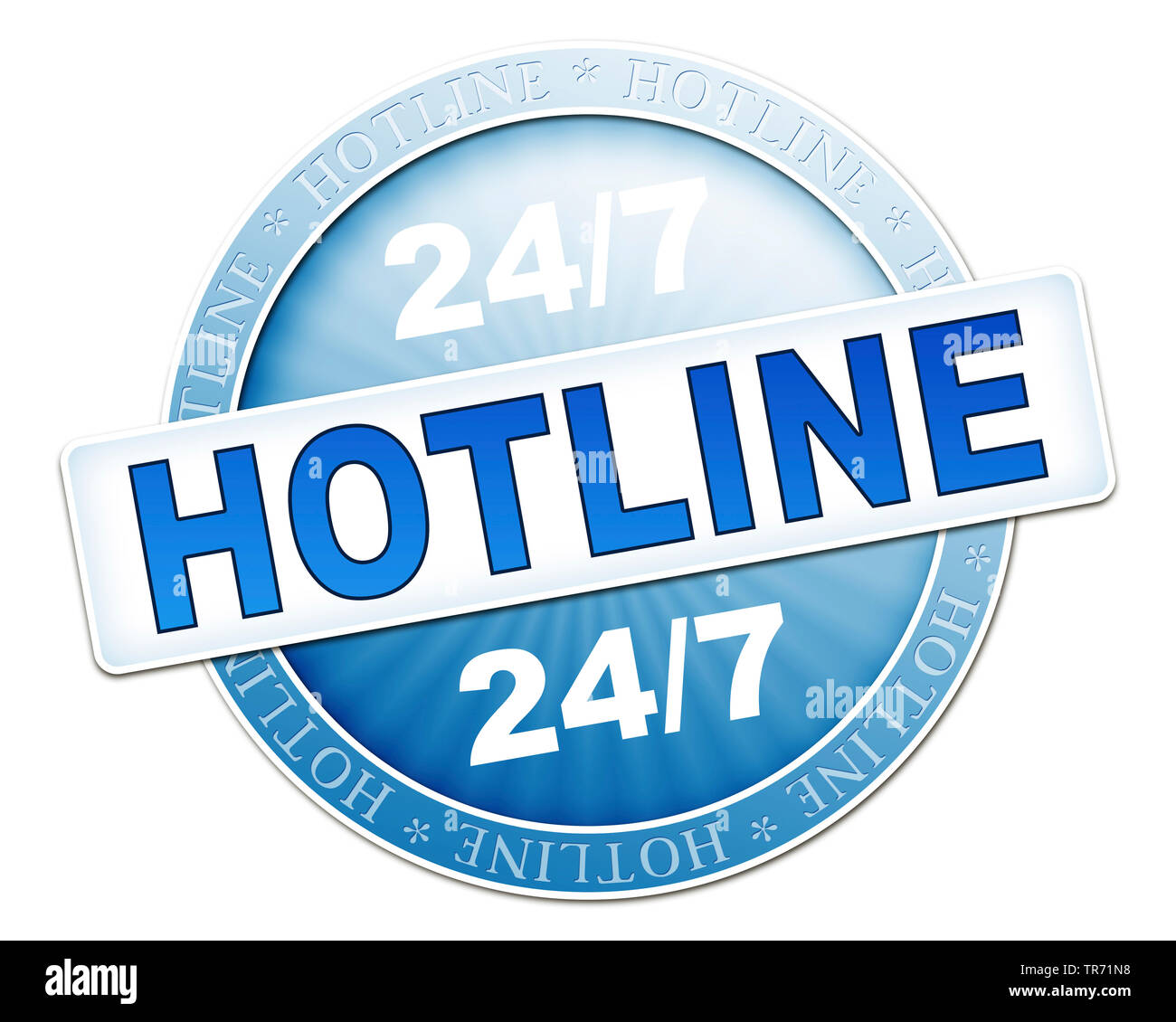 3D computer graphic, symbolic button in blue color lettering 24/7 ...