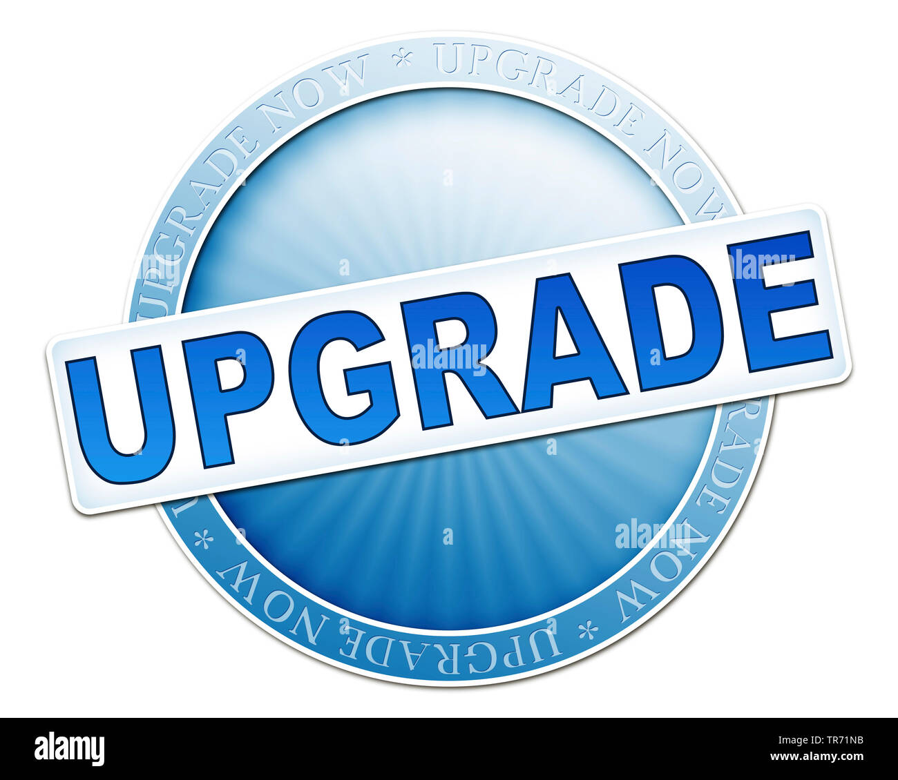 3D computer graphic, symbolic button in blue color lettering UPGRADE ...