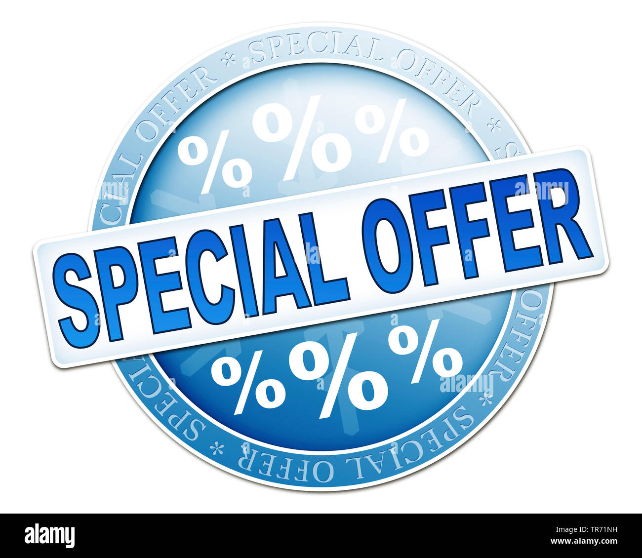 3D computer graphic, symbolic button in blue color lettering SPECIAL ...