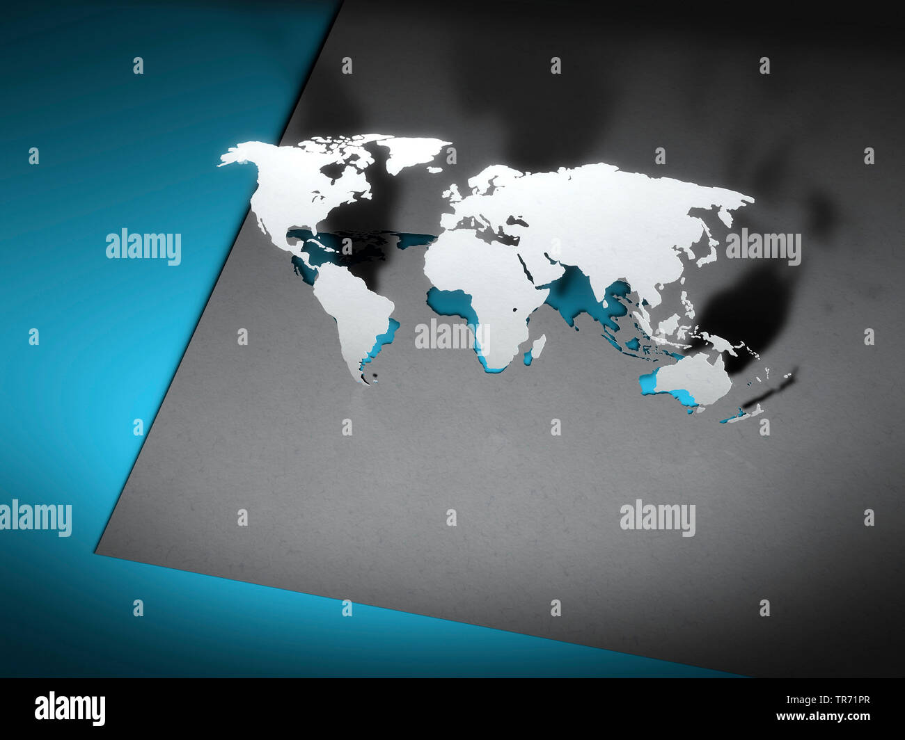3D computer graphic, symbolic world map in white color with shadow ...