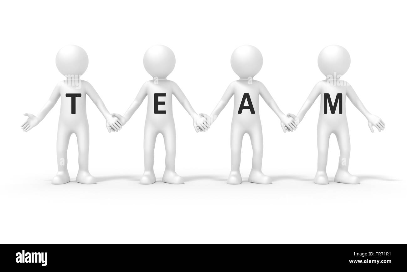 3D computer graphic, four 3D icon man in white color lettering TEAM ...