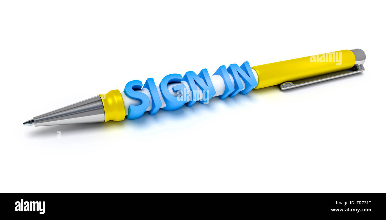 3D computer graphic, symbolic pen in yellow color lettering SIGN IN ...