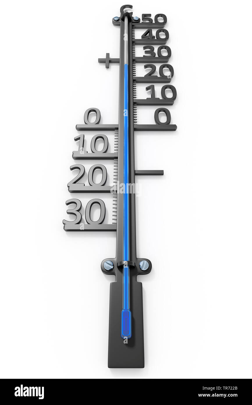 3D computer graphic, black thermometer with blue liquid indicating 25 ...